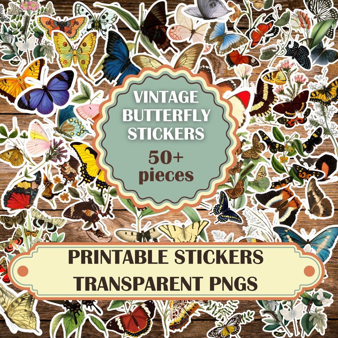 Vintage Butterfly Stickers: Retro Floral Pngs, Fussy Cuts (digital ...