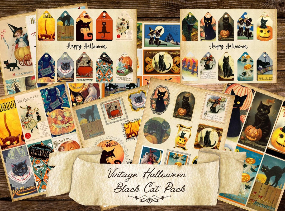 66 Pieces Black Cat Vintage Cute Halloween Collage Sheets, Labels, Tags ...
