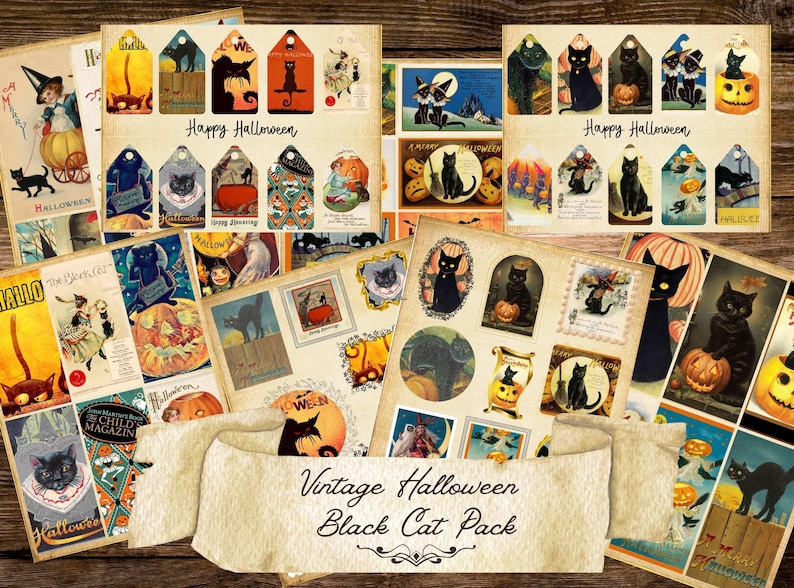 66 Pieces Black Cat Vintage Cute Halloween Collage Sheets, Labels, Tags ...