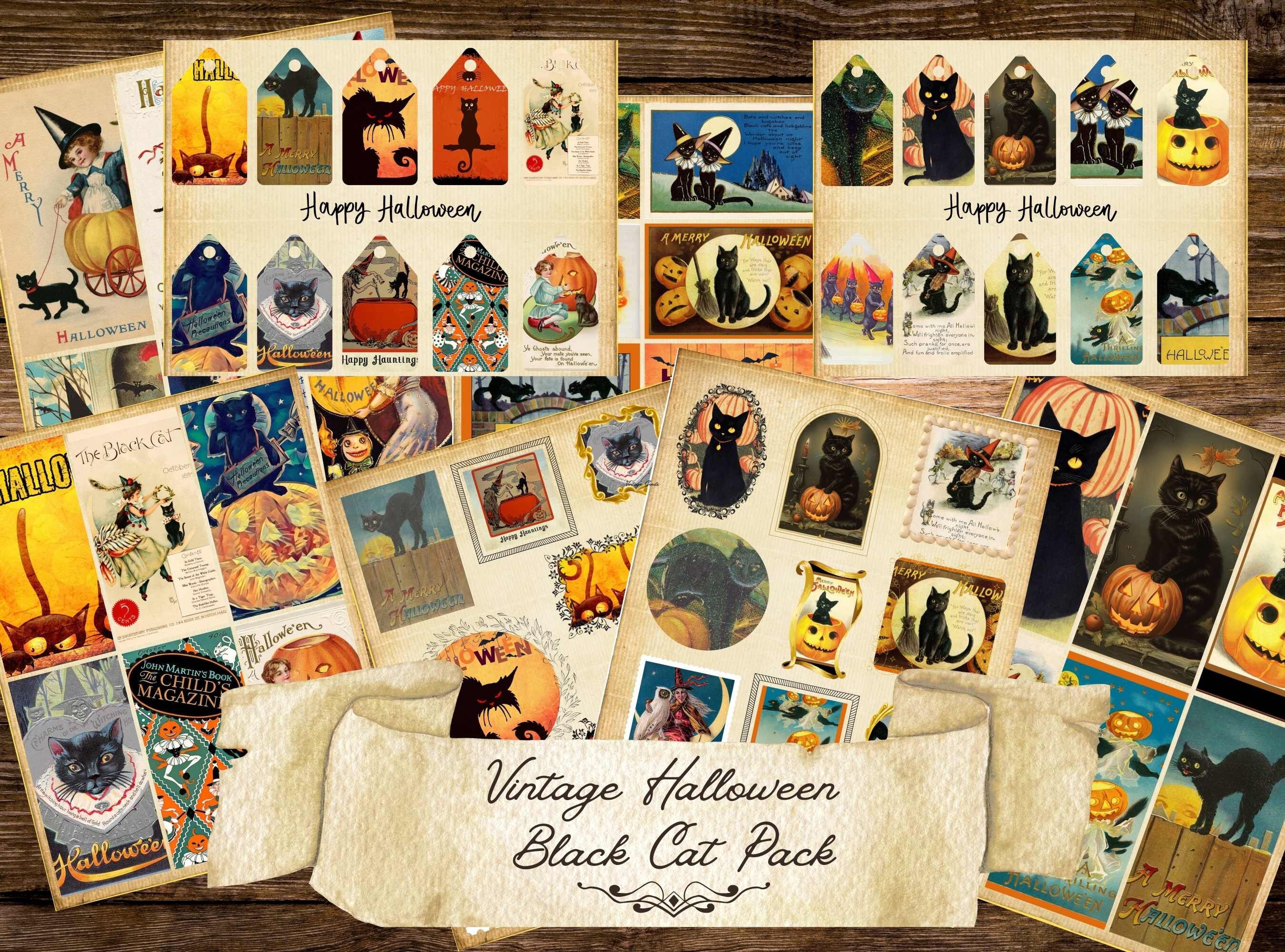66 Pieces Black Cat Vintage Cute Halloween Collage Sheets, Labels, Tags ...