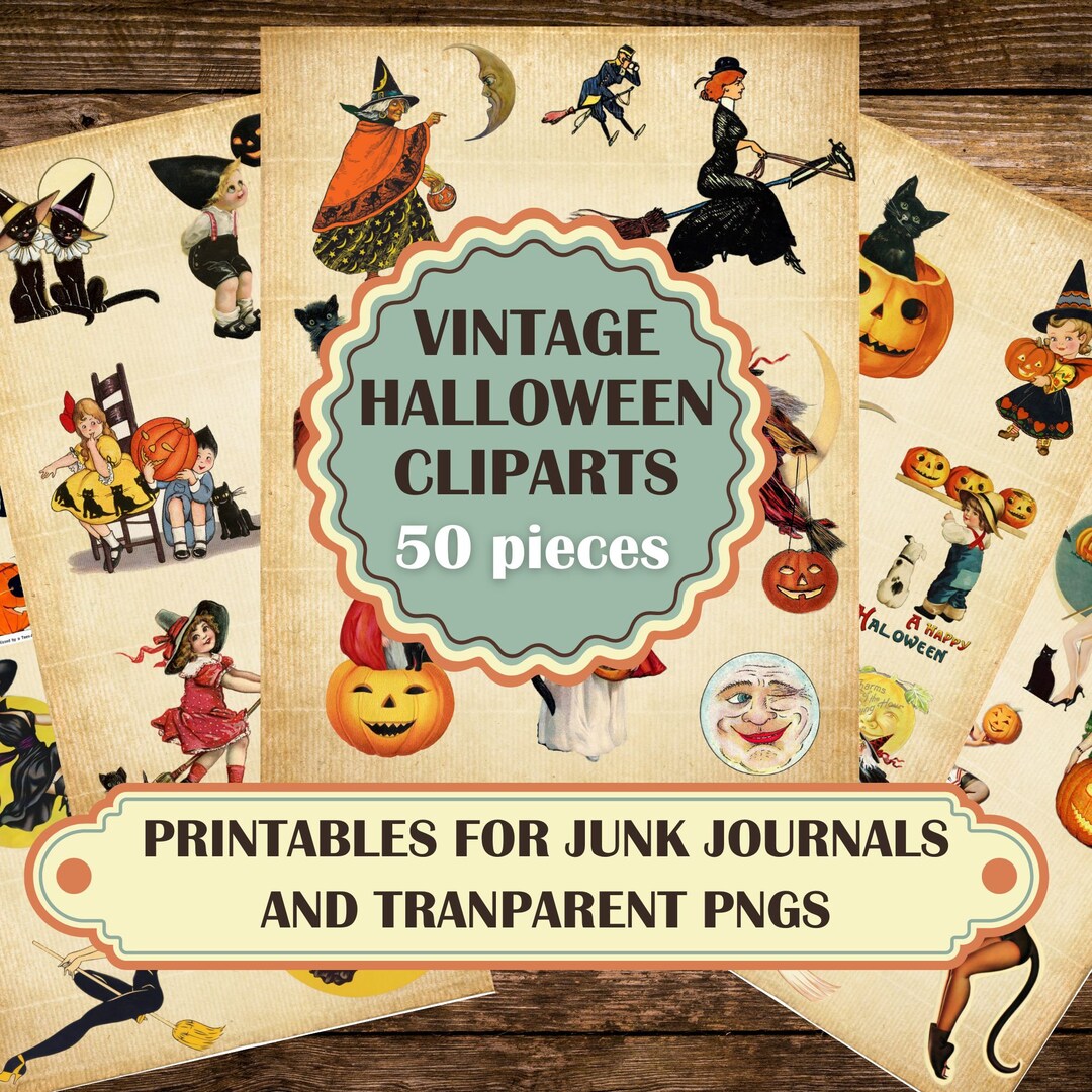 Vintage Halloween Clipart Bundle: Retro Witches, Cats (PNG Digital ...