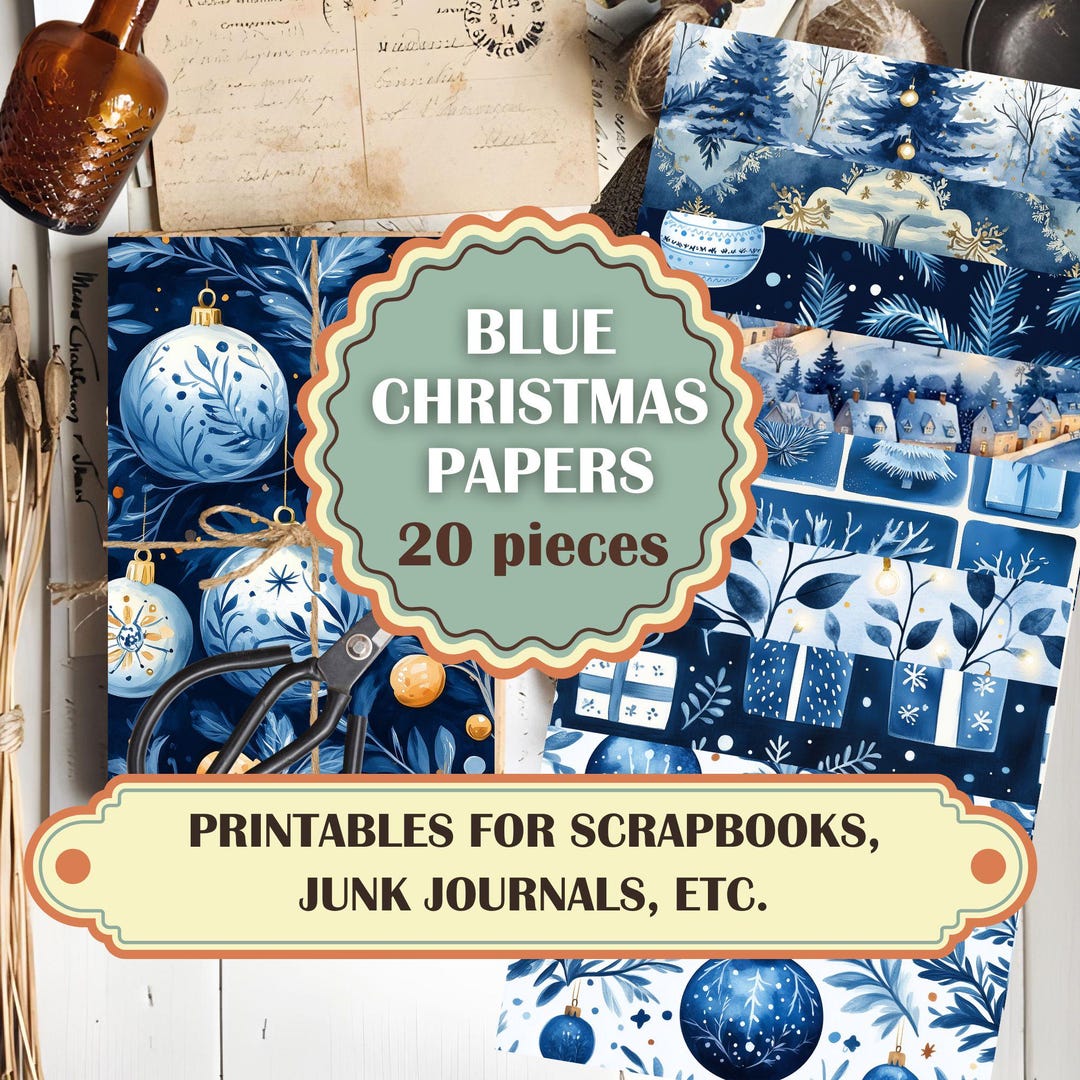 Blue Christmas Digital Papers, Printable Xmas Blue Background for Junk ...