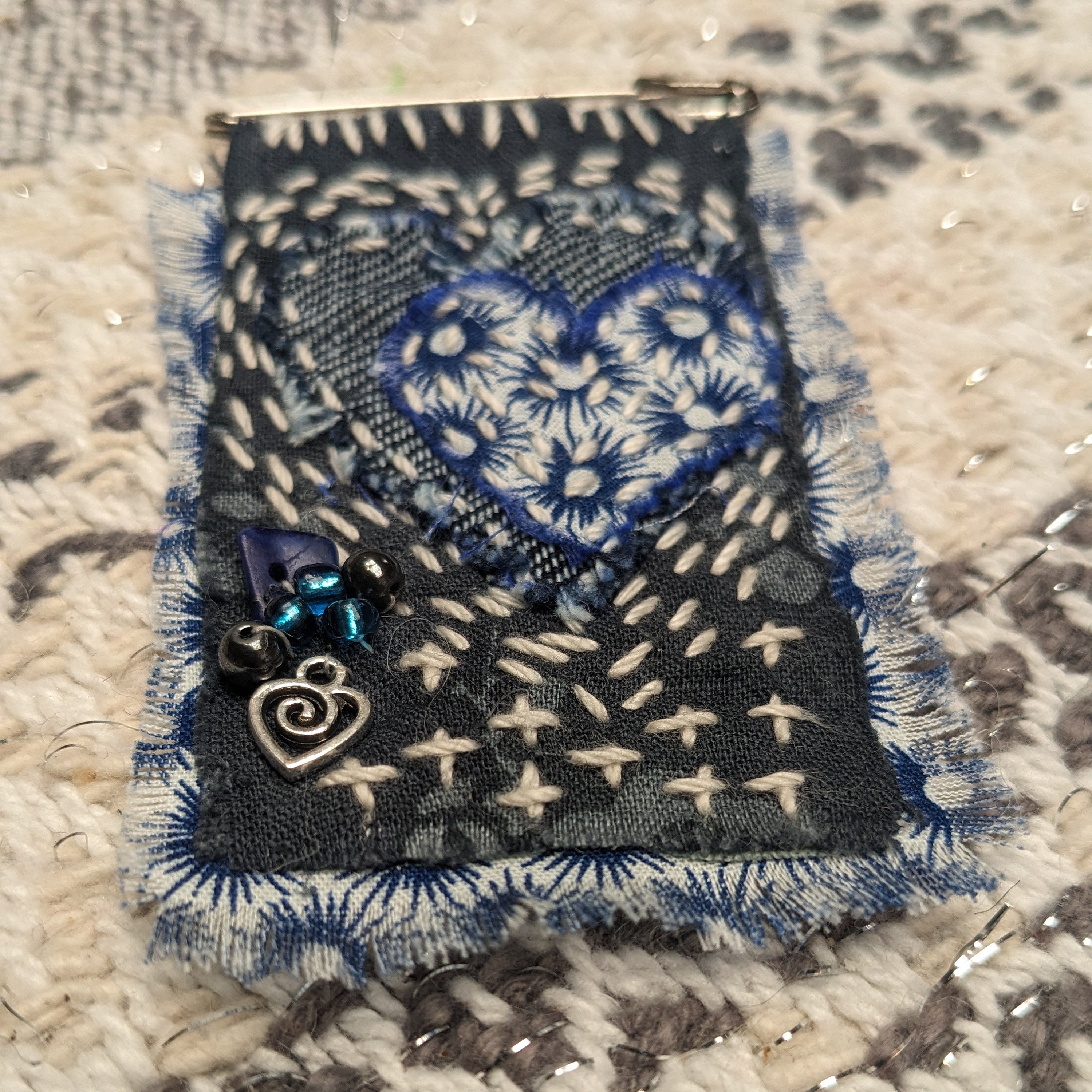 Recycled Fabric Boro Sashiko Heart Brooch Pin. Slow Stitched Wearable ...