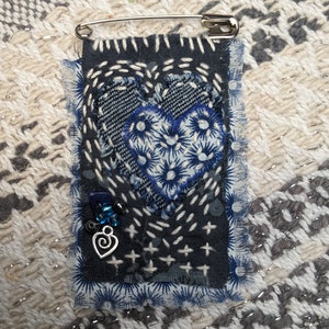 Recycled Fabric Boro Sashiko Heart Brooch Pin. Slow Stitched Wearable ...