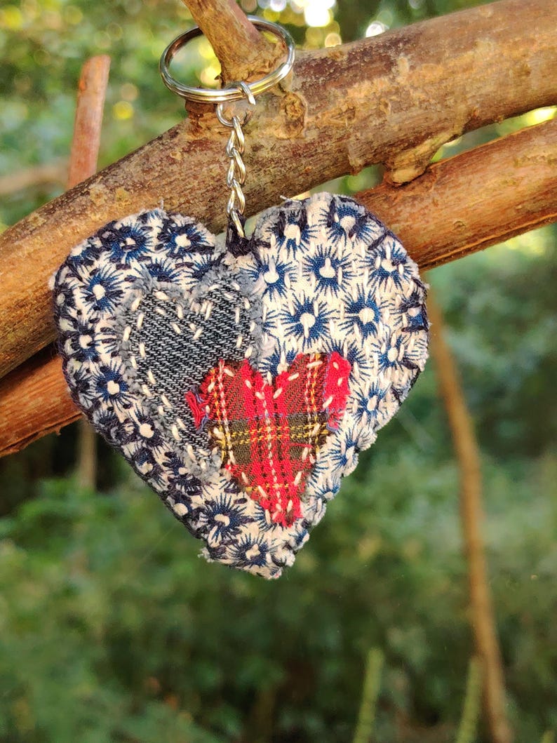 Distressed Fabric Recycled Fabric Heart Shaped Padded Keychain . Slow ...