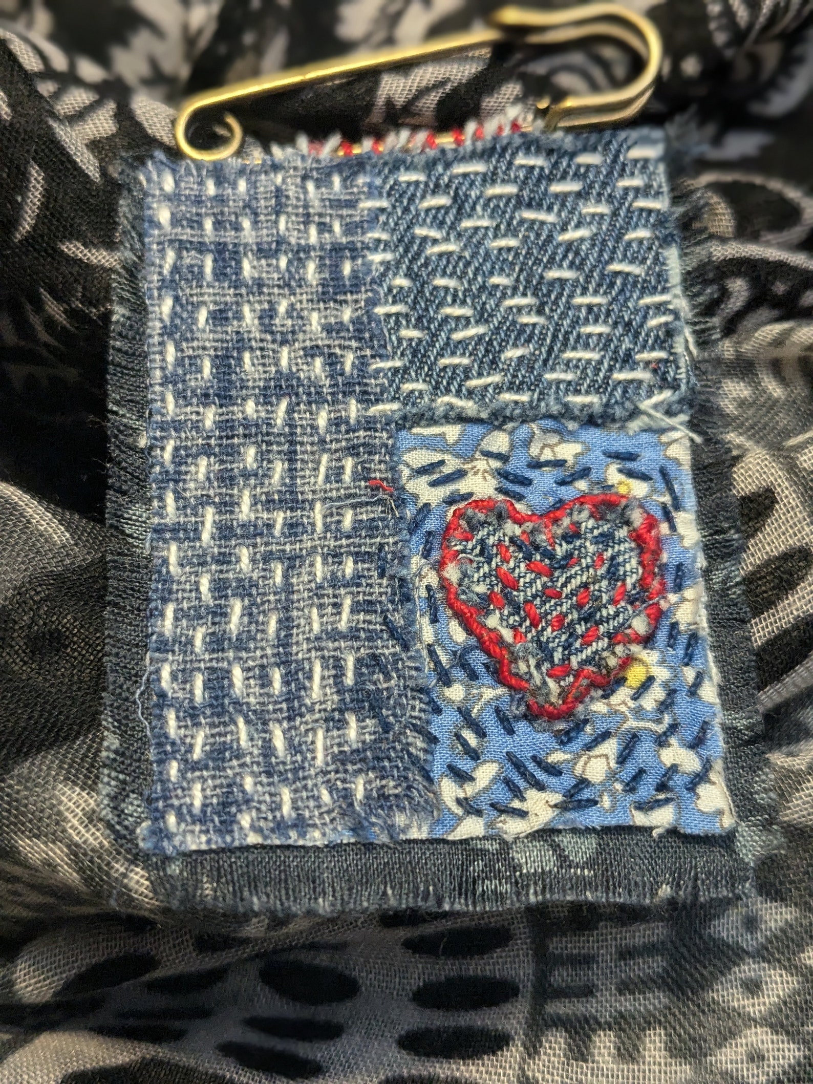 Recycled Fabric Boro Sashiko Heart Motif Kilt Pin Brooch. Slow Stitched ...