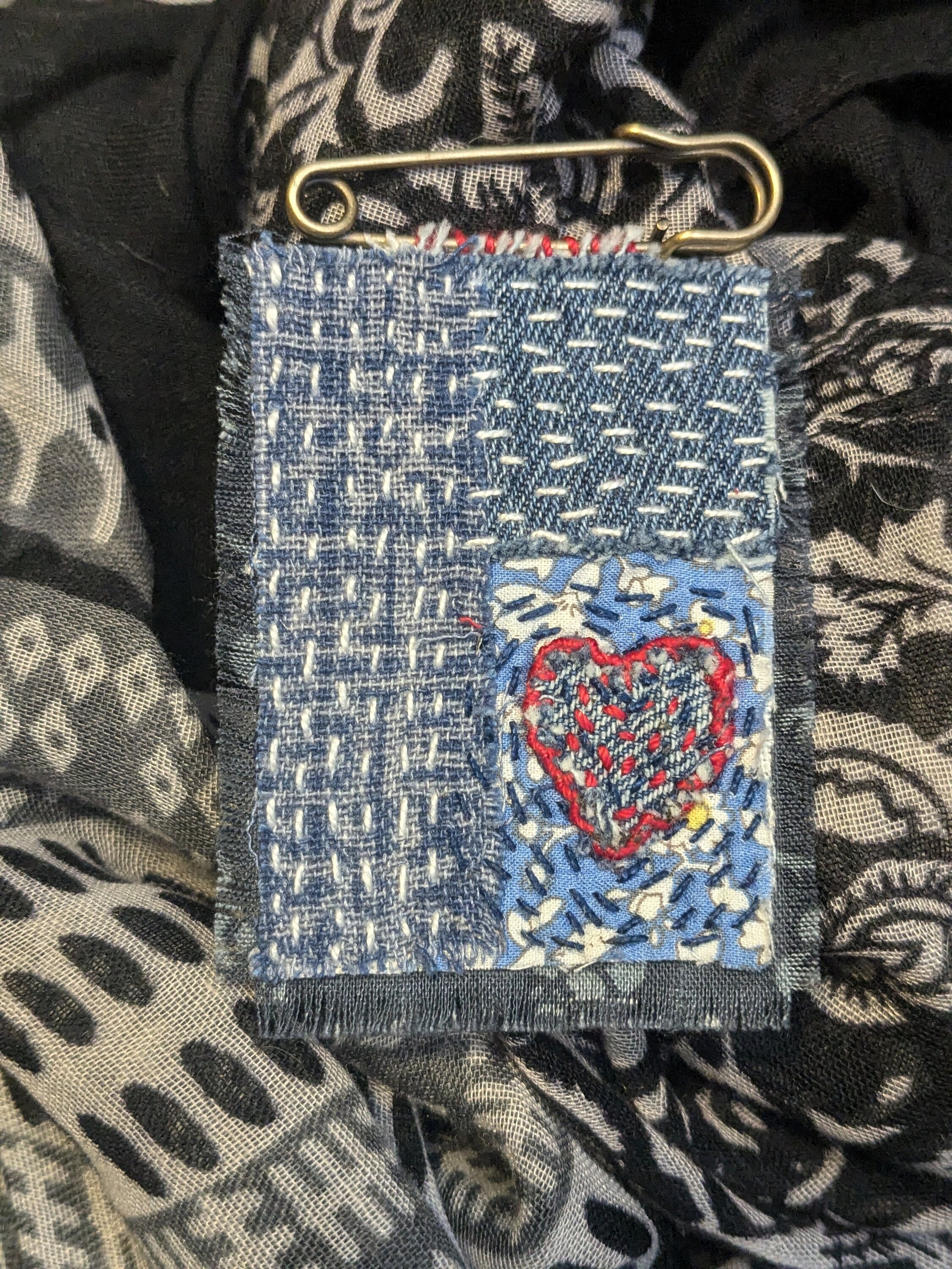 Recycled Fabric Boro Sashiko Heart Motif Kilt Pin Brooch. Slow Stitched ...