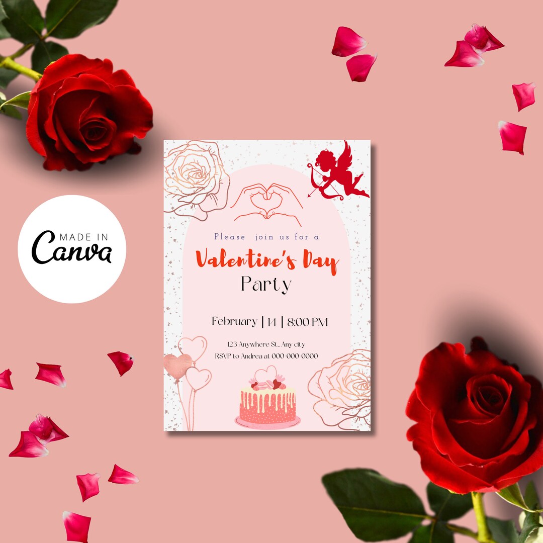 Editable Pink Valentines Day Party Invitation, Digital Valentines Day ...