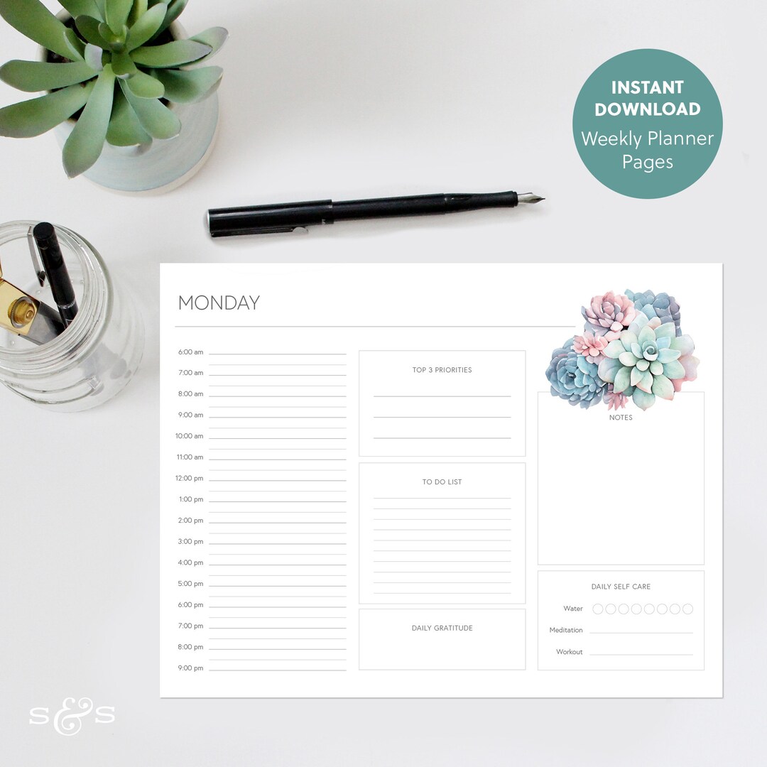 Daily Planner | 7 Days of the Week | Succulent Design | Printable DIY ...