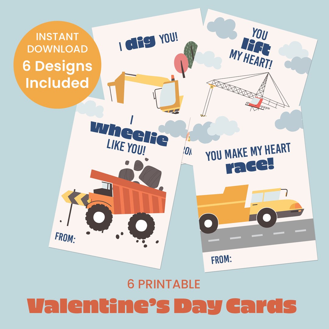 Kids Valentine's Day Cards Classroom Boy Valentine Card Trucks Instant ...