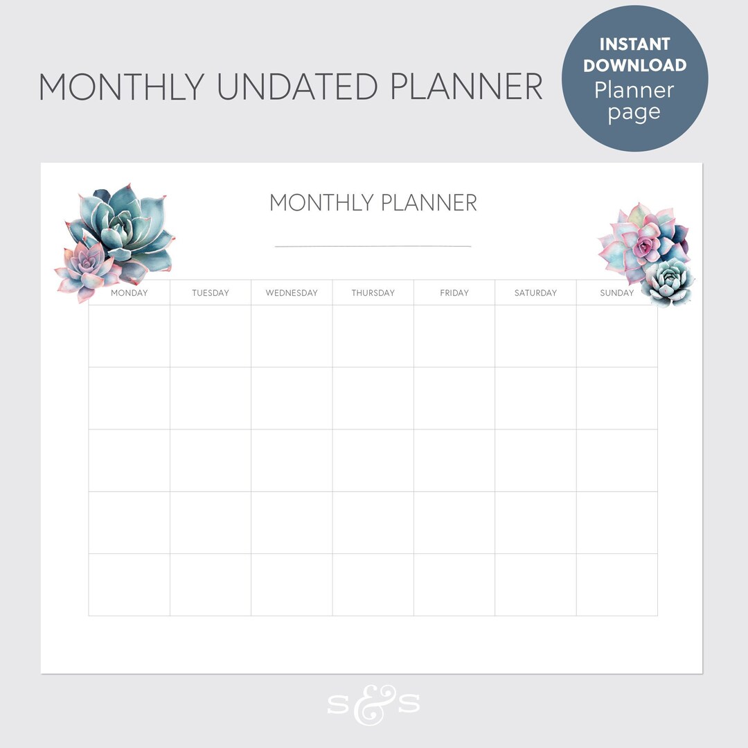 Undated Monthly Planner Page | Succulent Design | Printable DIY Instant ...