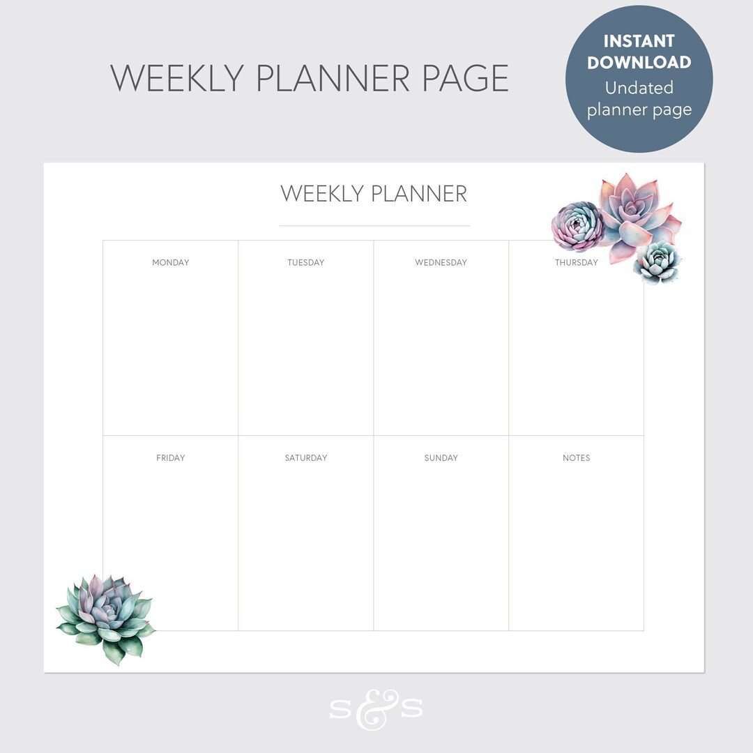 Weekly Planner Page Undated | Succulent Design | Printable DIY Instant ...