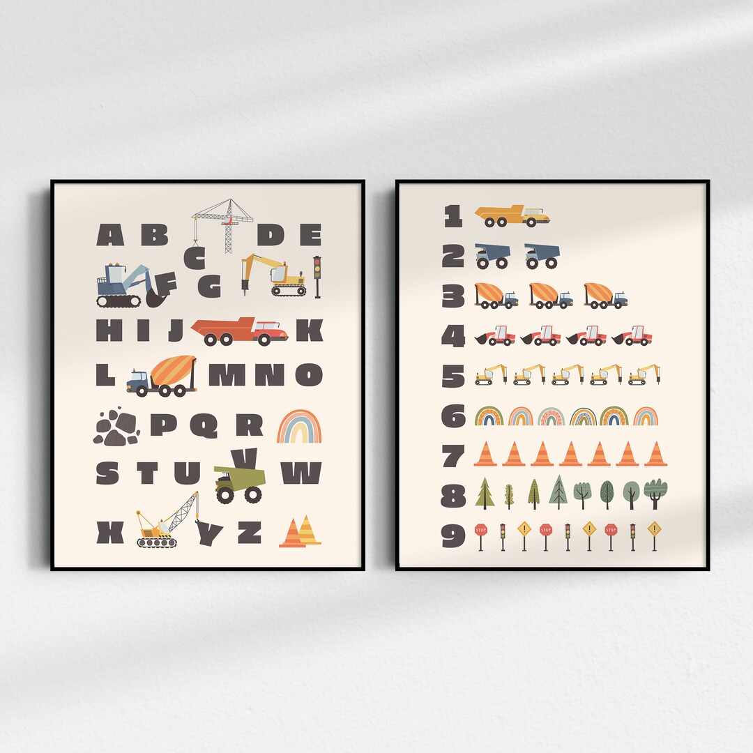 Construction Alphabet and Number Wall Art | Nursery & Kids Room Decor ...