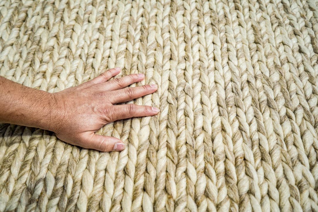 Handwoven Natural Beige Cable Knit Chunky Wool Rug - Modern ...