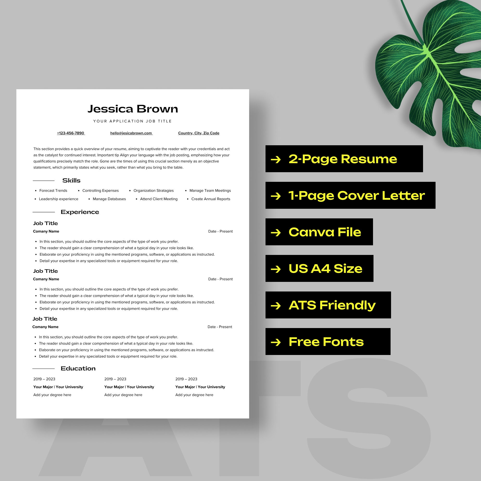 ATS Friendly Resume Template for Canva Resume and Cover Letter Template ...