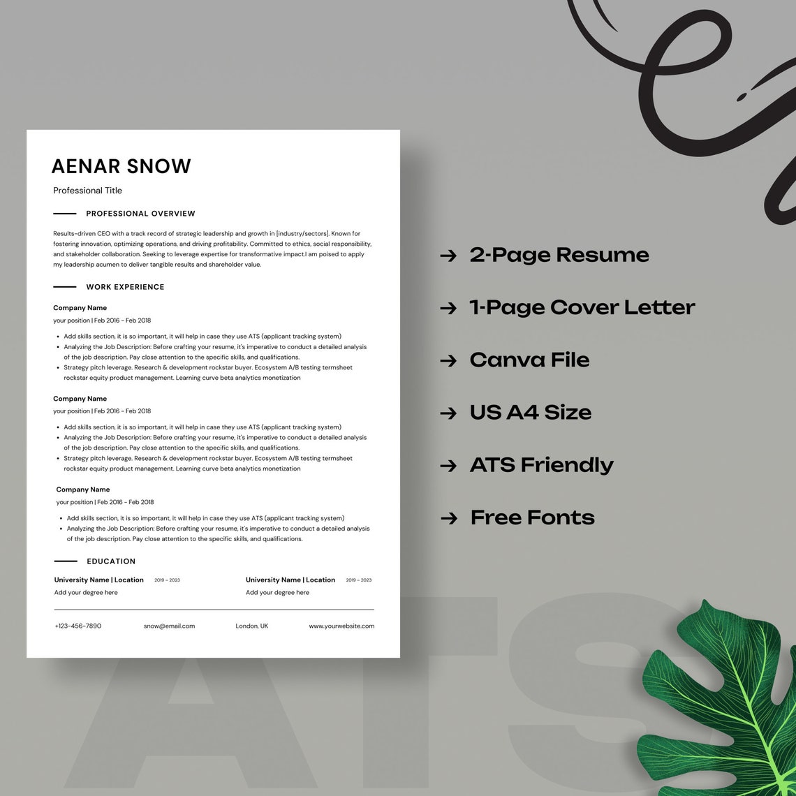ATS Friendly Resume Template for Canva Resume and Cover Letter Template ...