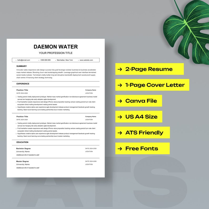ATS Friendly Resume Template for Canva Resume and Cover Letter Template ...