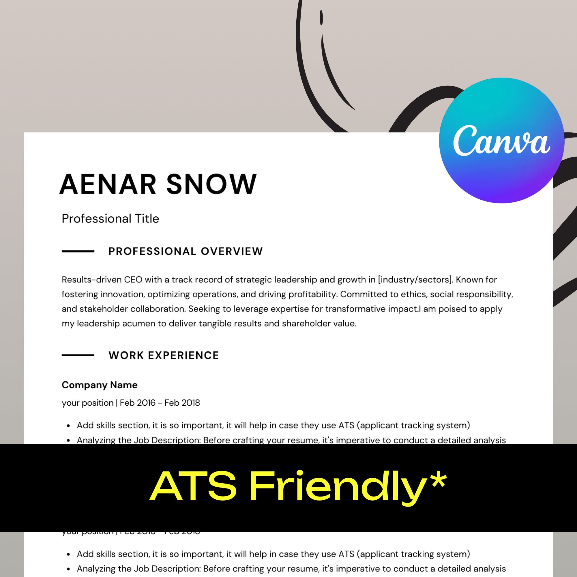 ATS Friendly Resume Template for Canva Resume and Cover Letter Template ...