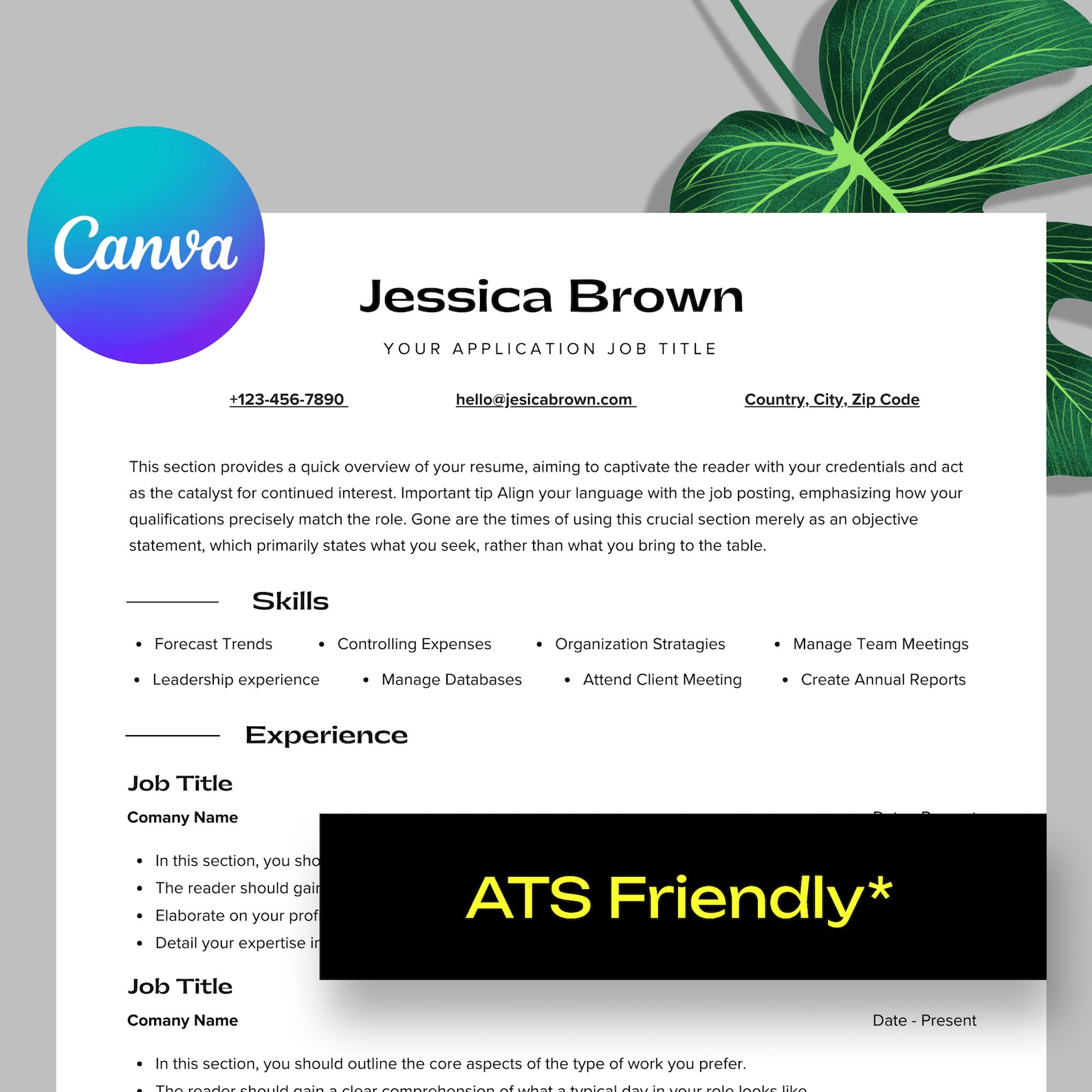 ATS Friendly Resume Template for Canva Resume and Cover Letter Template ...
