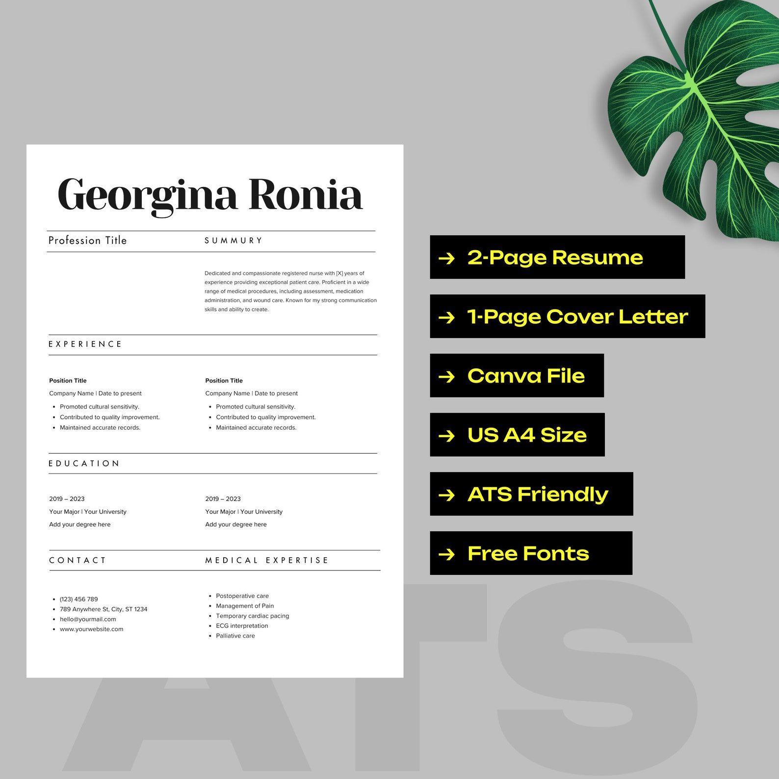 Nurse ATS Friendly Resume Template for Canva Resume and Cover Letter ...