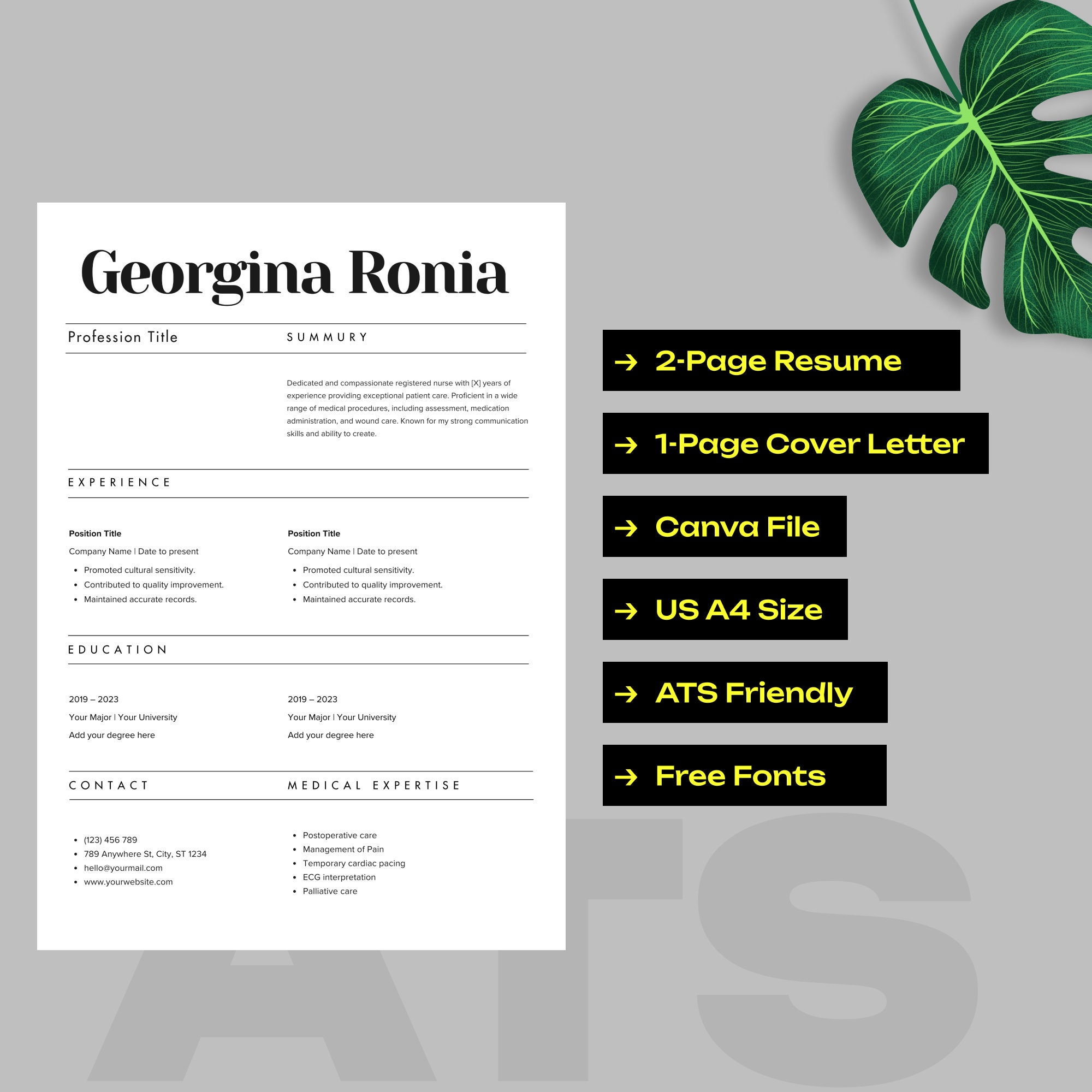 Nurse ATS Friendly Resume Template for Canva Resume and Cover Letter ...