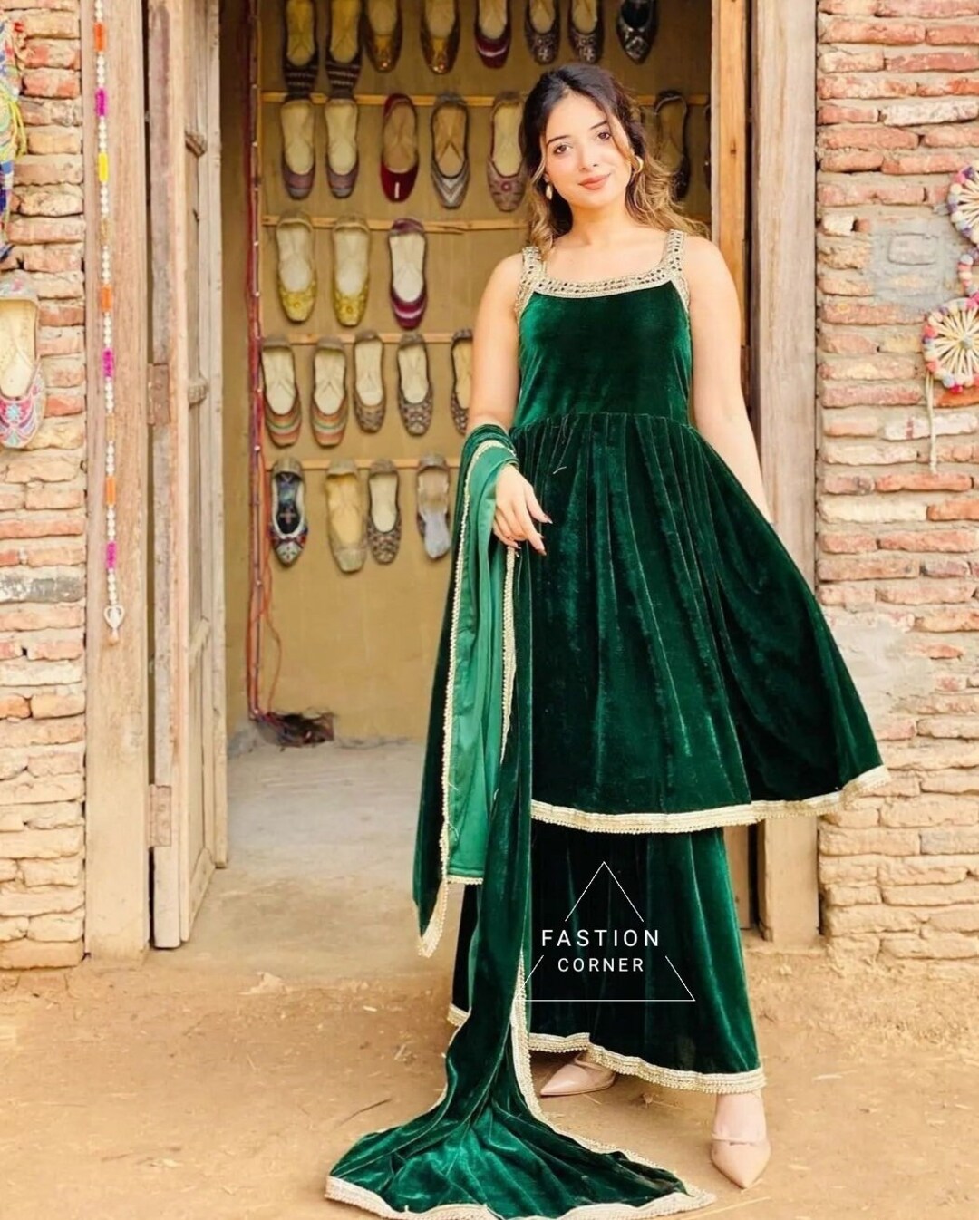 Green Designer Velvet Frock Indian Bollywood Style Heavy Lace Dupatta ...