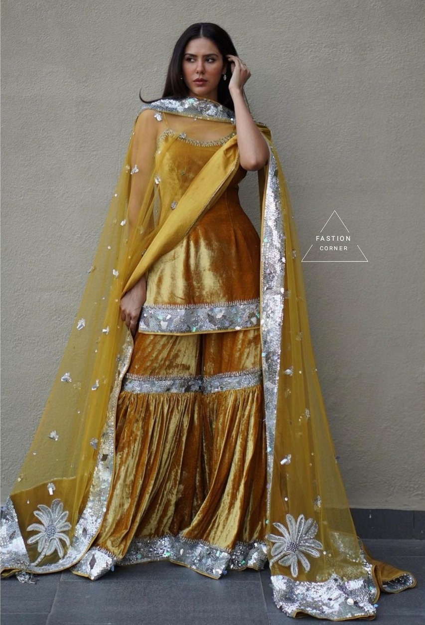 Velvet Sharara Suit: Yellow Embroidered Indian Wedding Outfit - Etsy
