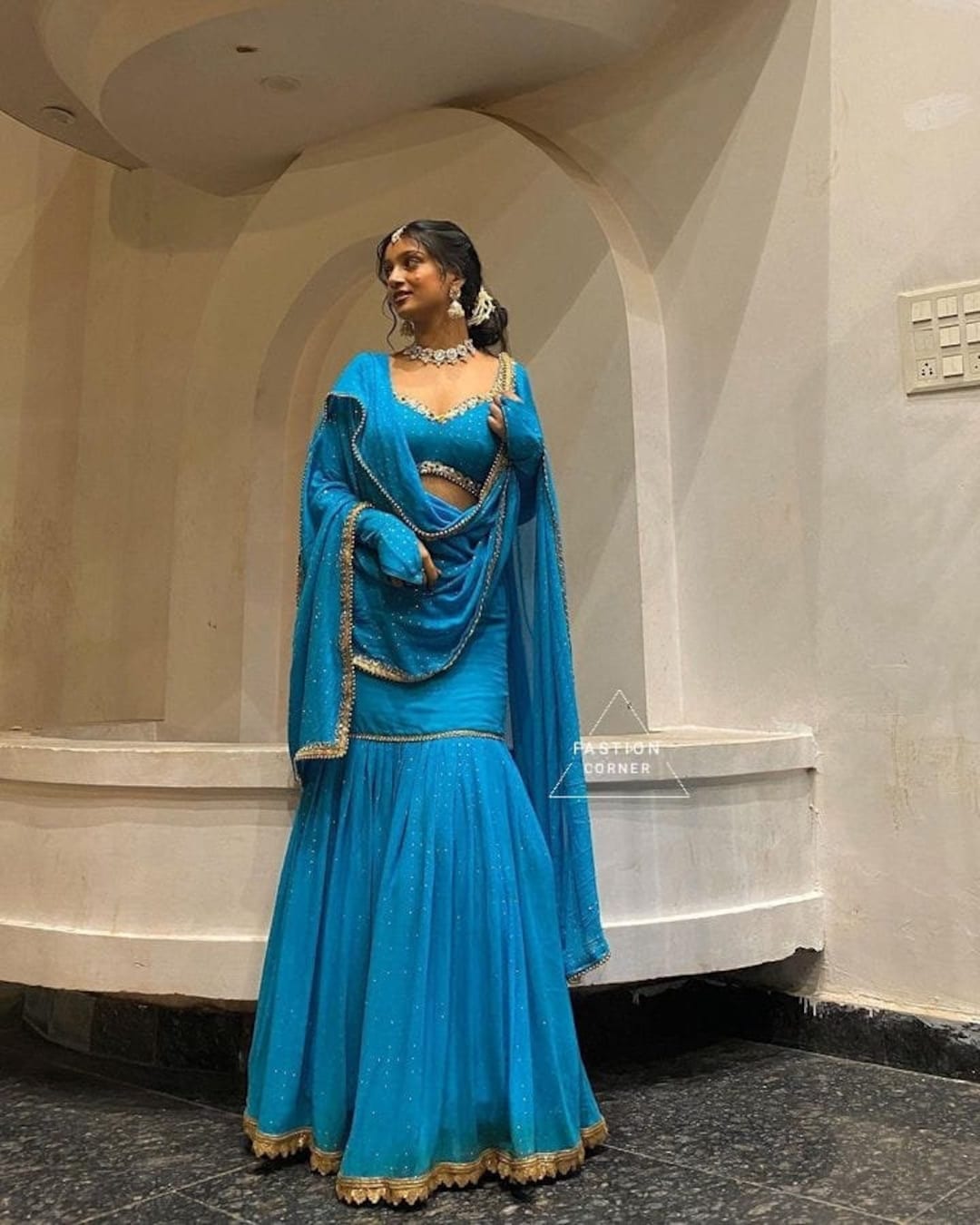 Firozi Saree Style Lehenga With Sequence Work and Sweet Heart Neck ...