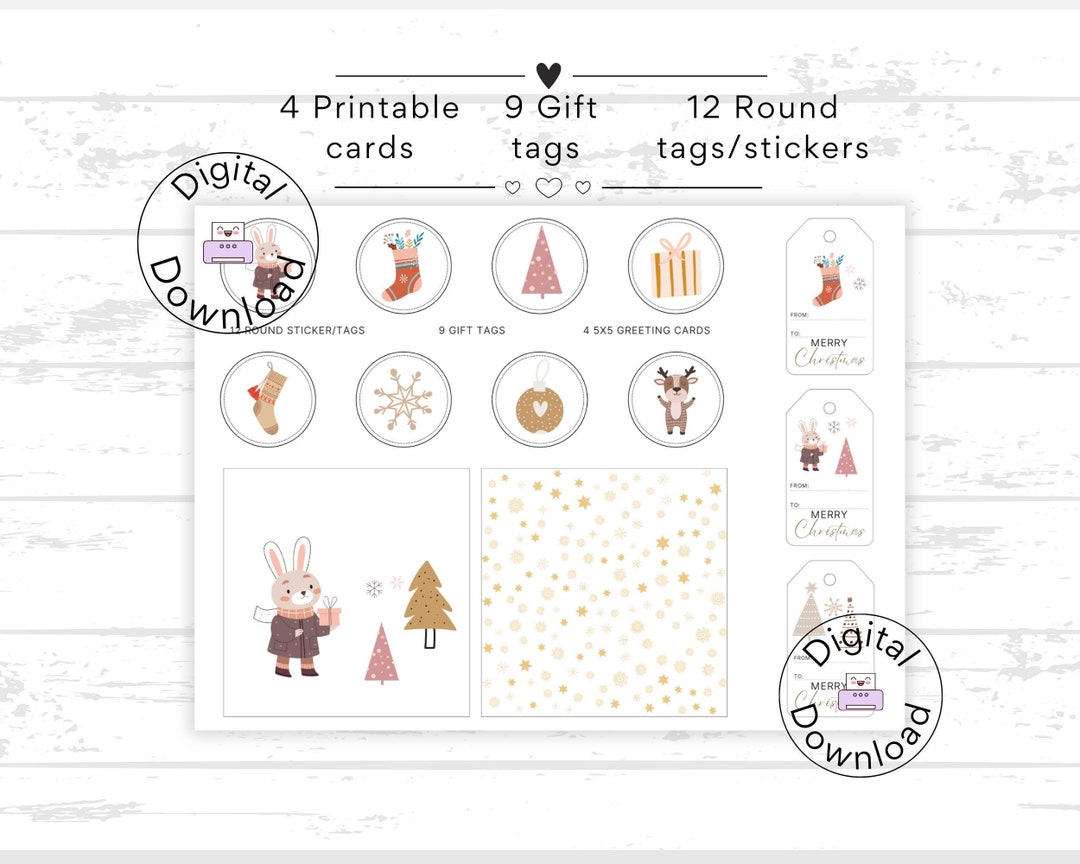 Printable Christmas Set Printable Cards 5x5 Gift Tags Stickers Tags PDF ...