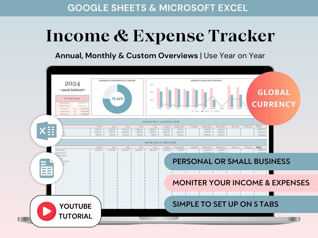 Income and Expense Tracker Spreadsheet Excel Monthly Budget Personal ...