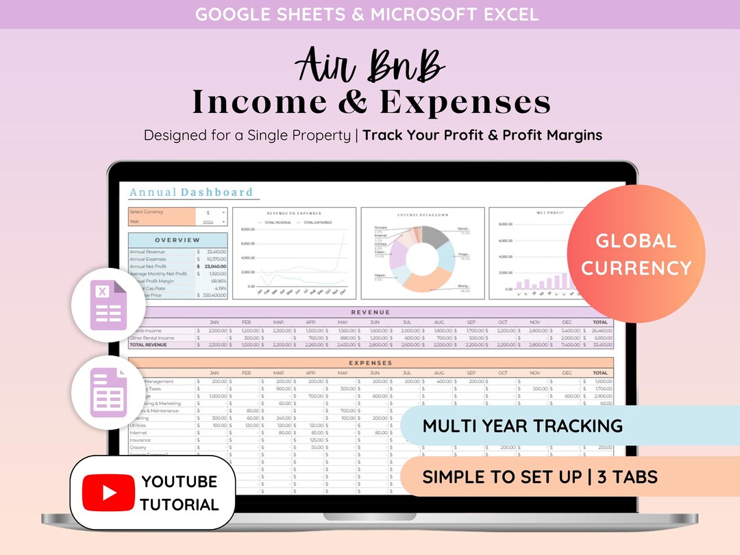 Airbnb Income and Expenses Tracker Spreadsheet Excel Google Sheets ...