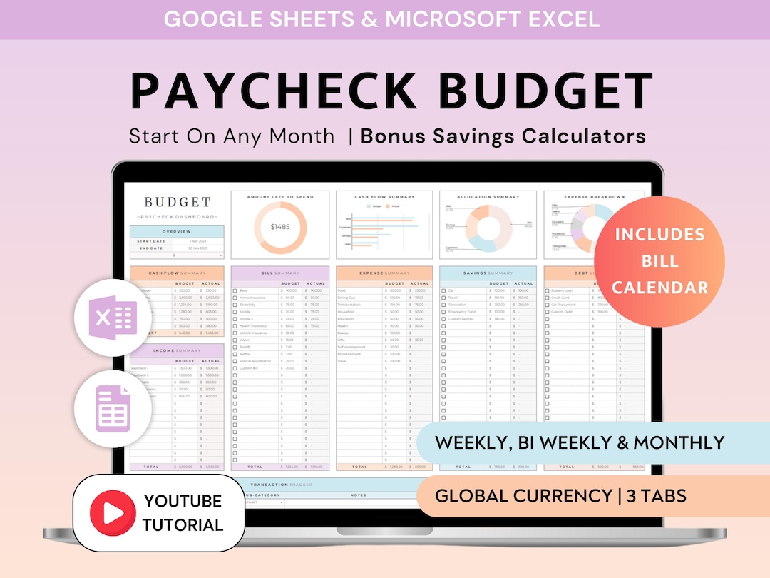 Excel Paycheck Budget Spreadsheet Google Sheets Bi-monthly Weekly ...