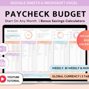 Excel Paycheck Budget Spreadsheet Google Sheets Bi-monthly Weekly ...