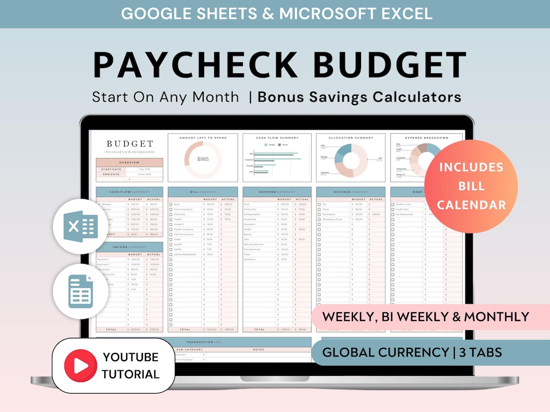 Paycheck Budget Tracker Spreadsheet Template: Excel & Google Sheets ...