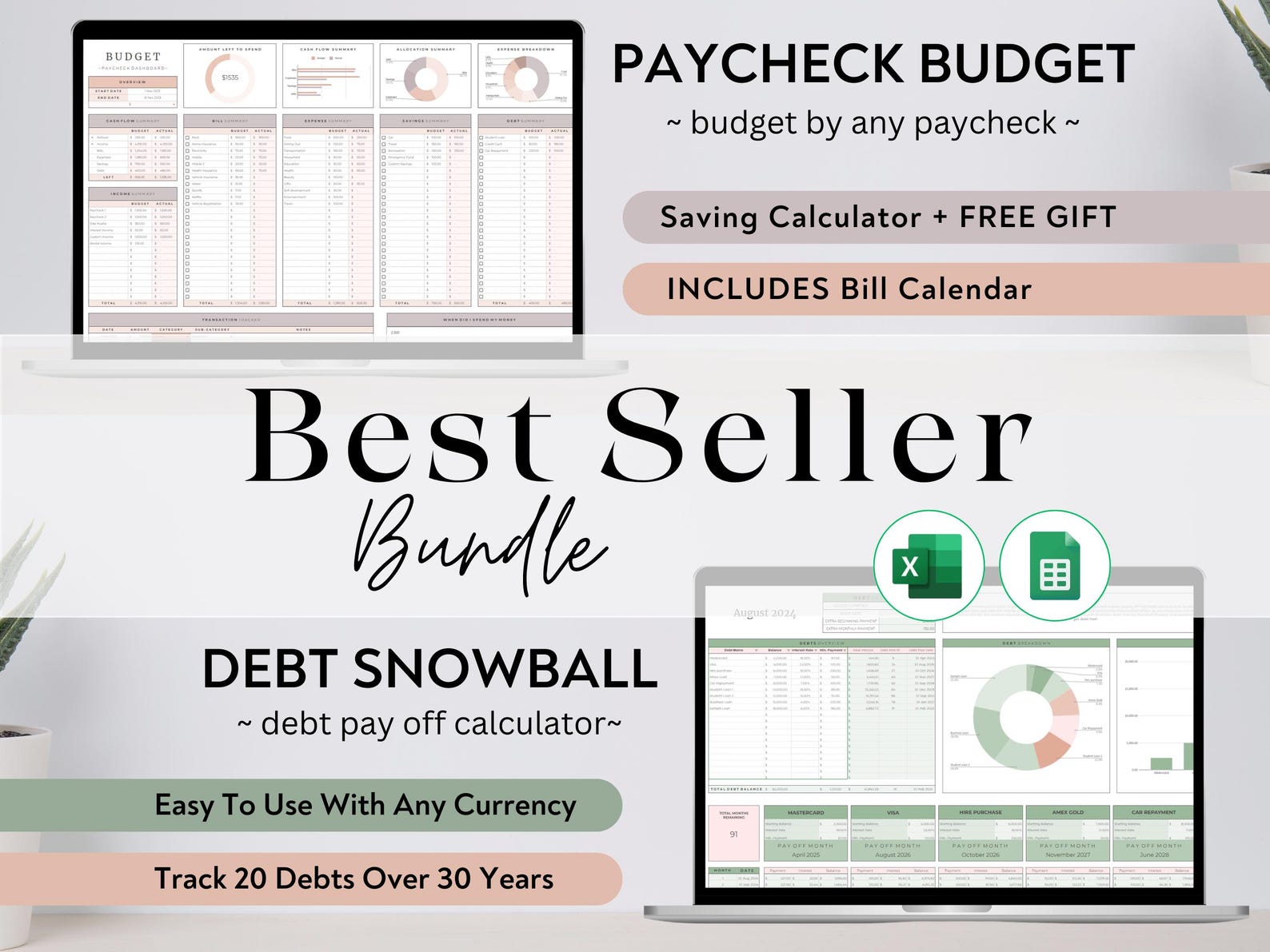 BUNDLE Paycheck Budget and Debt Snowball Excel & Google Sheets Budget ...