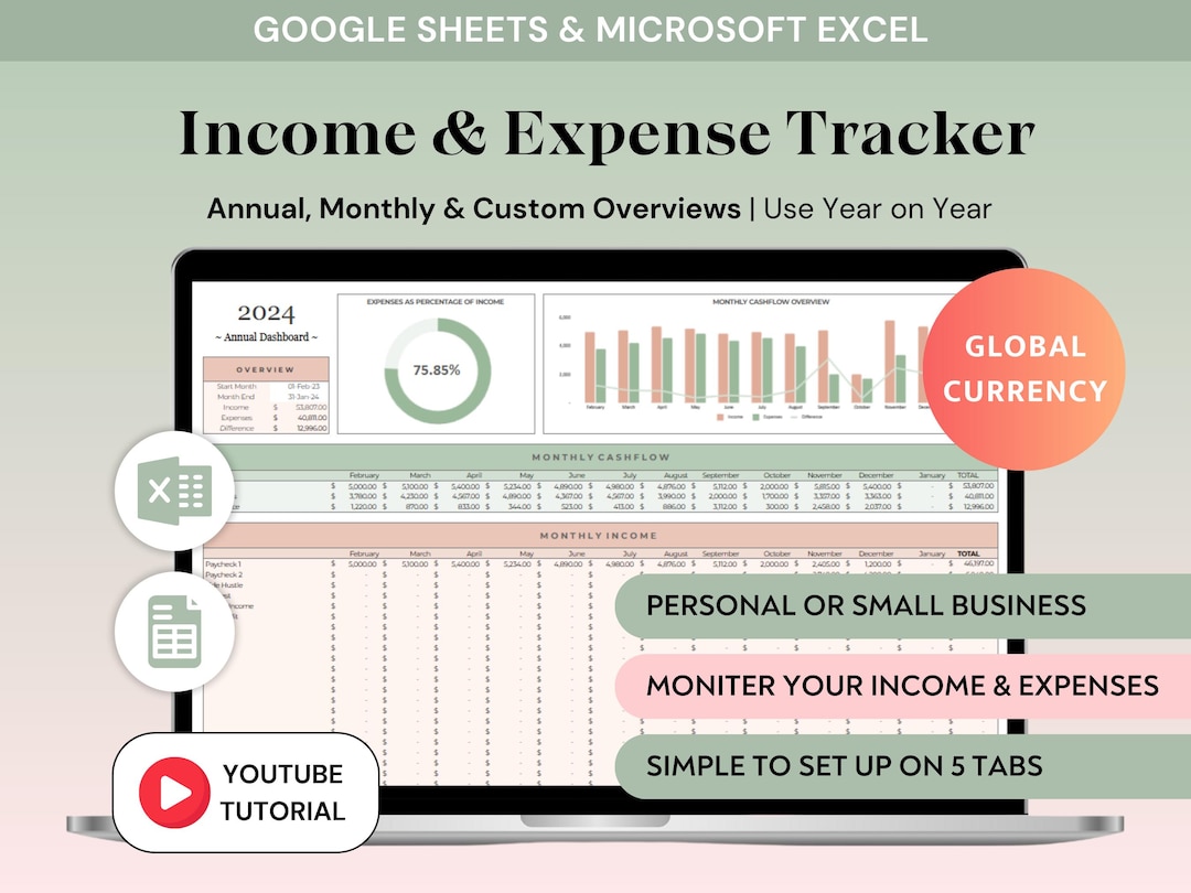 Income and Expense Tracker Excel Spreadsheet Google Sheets Small ...
