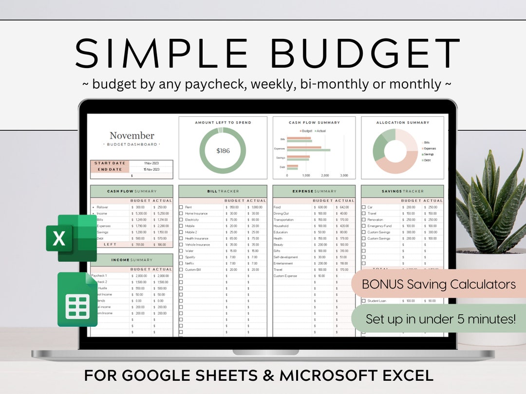 Budget Planner Excel Budget by Paycheck Google Sheets Spreadsheet ...