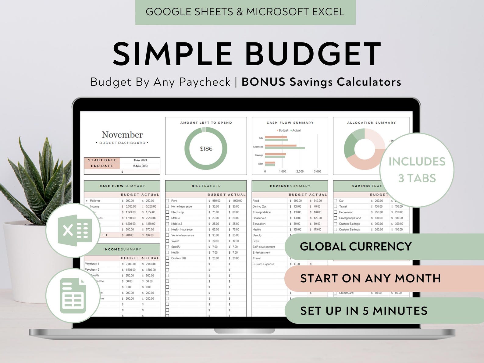 Budget Planner Excel Budget by Paycheck Google Sheets Spreadsheet ...