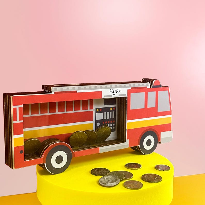 Personalized Fire Truck Piggy Bank, Wooden Money Box, Custom Kids Gift ...