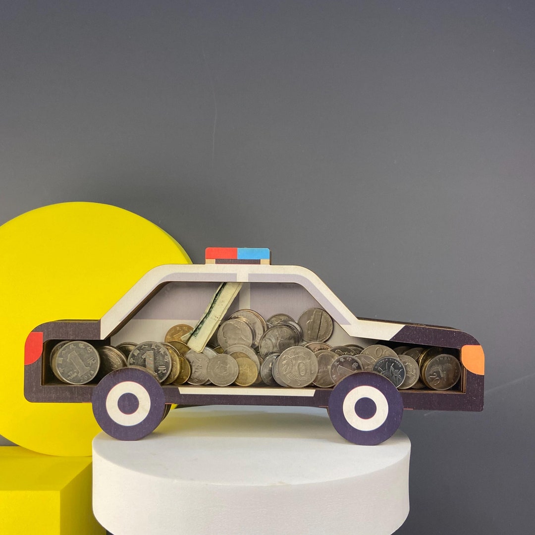 Personalized Police Car Piggy Bank: Wooden Money Box, Custom Kids Gift ...