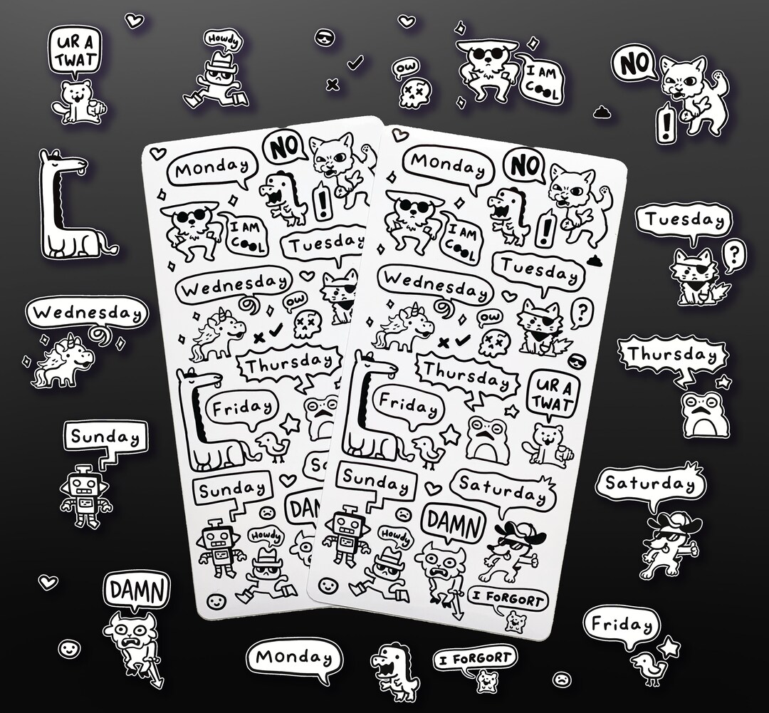 Doodles Sticker Sheet - B&W Vinyl Waterproof Glossy - Etsy