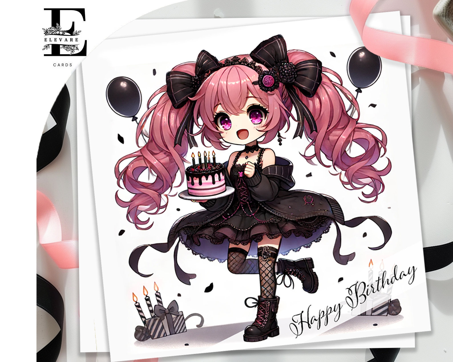 Manga Anime, Style Goth Girl With Pink Hair & Cake | Custom Happy ...