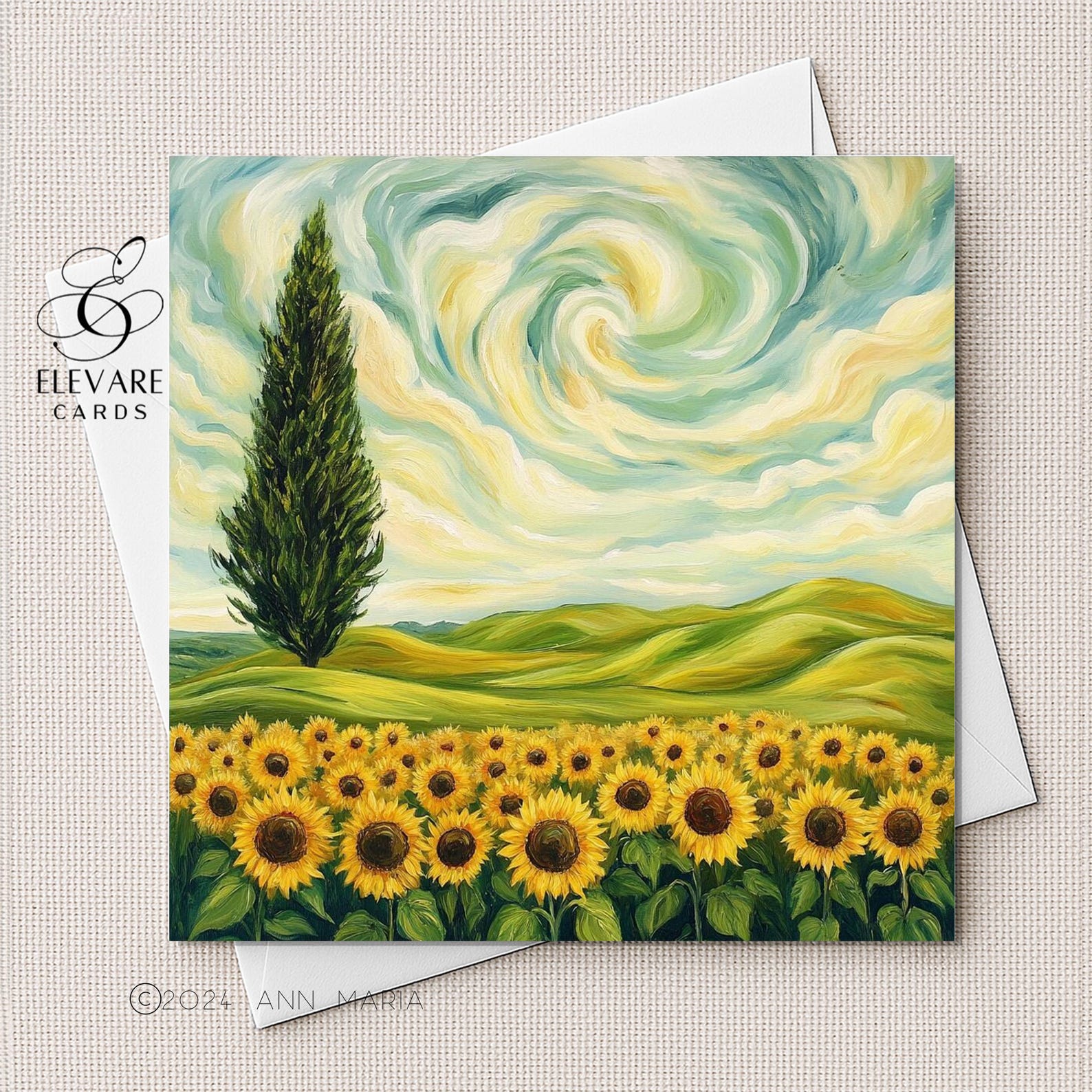 Impressionist Art Card of a Sunflowers in A Field, Greeting Card Poster ...