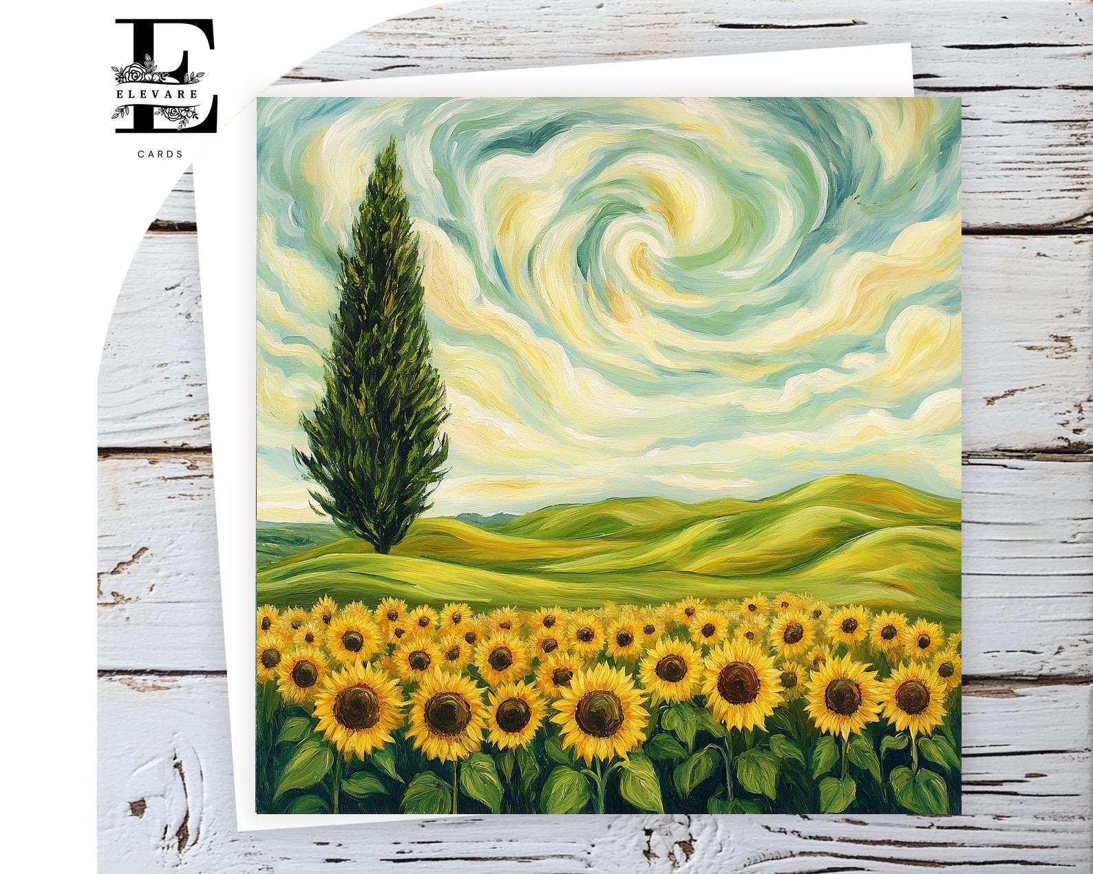 Impressionist Art Card of a Sunflowers in A Field, Greeting Card Poster ...
