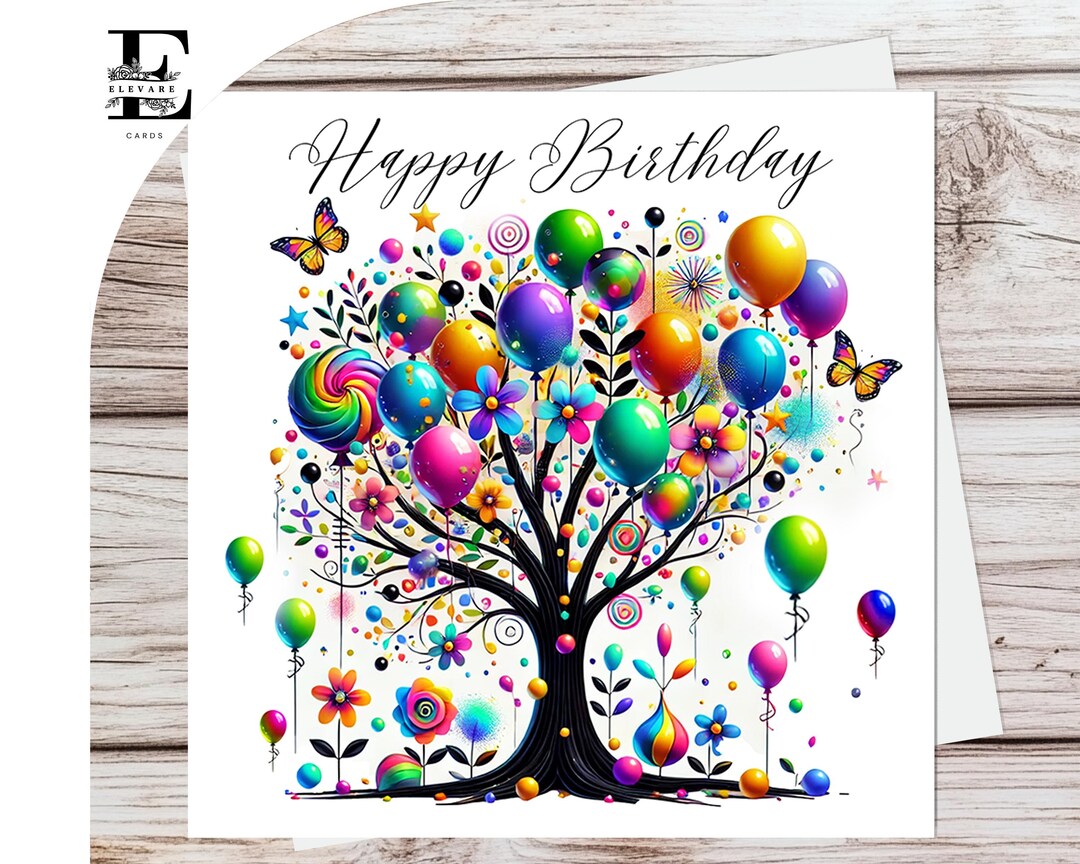 Balloon Tree, Happy Birthday, Colourful Card for All. Personalised Flat ...
