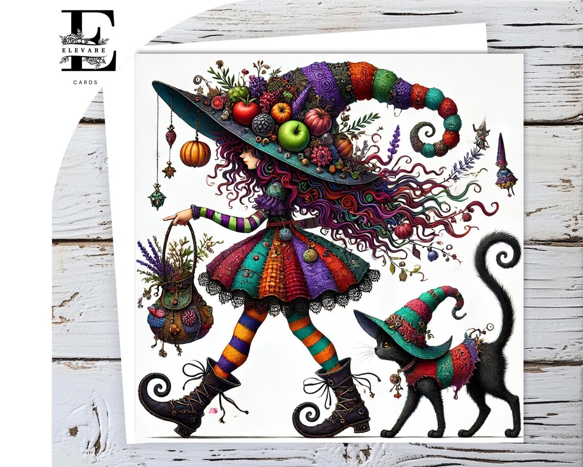 Happy Halloween Card, Whimsical, Patchwork Funky Witch Black Cat ...