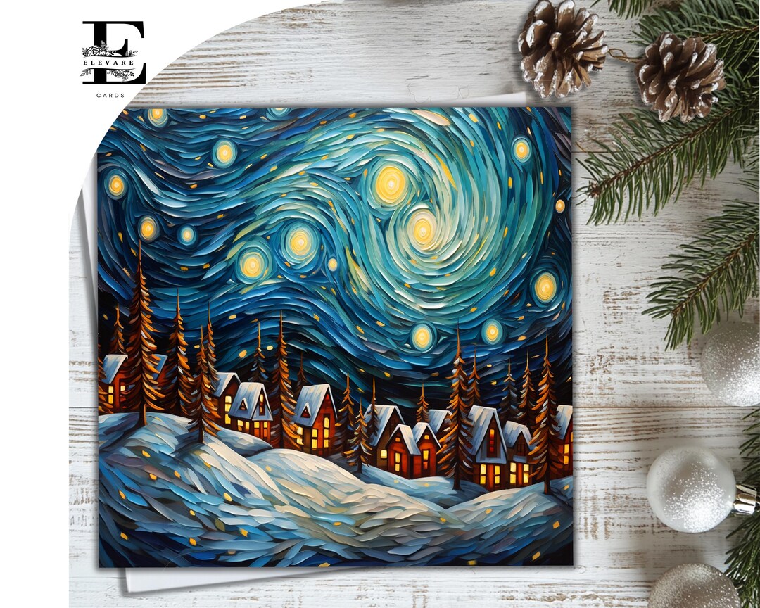 Starry Night Style Impressionist Snow Winter Scene Christmas Card ...