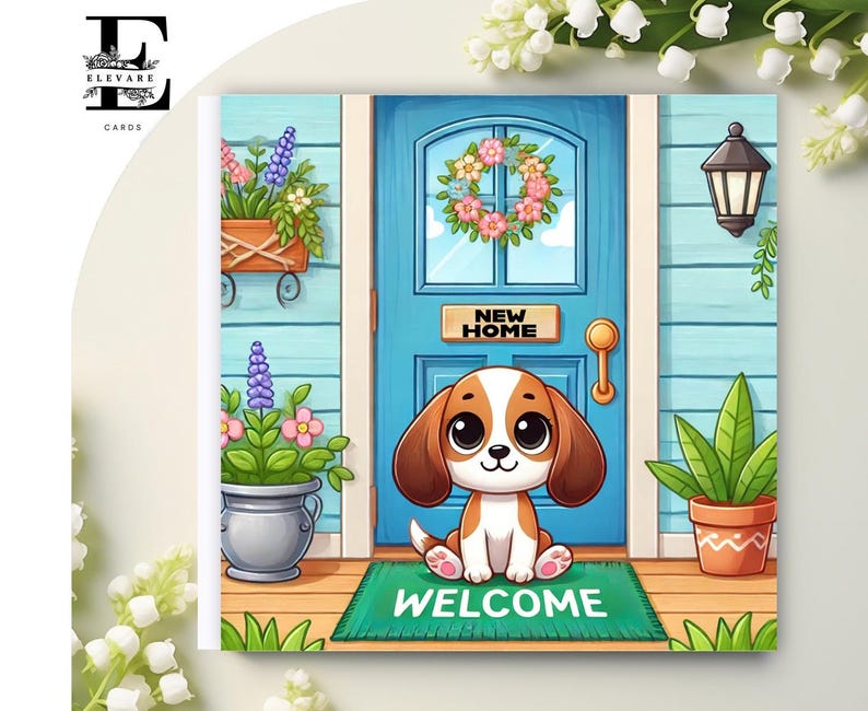 Personalised NEW HOME, Cartoon Dog, Moving Happy New Home Colourful ...