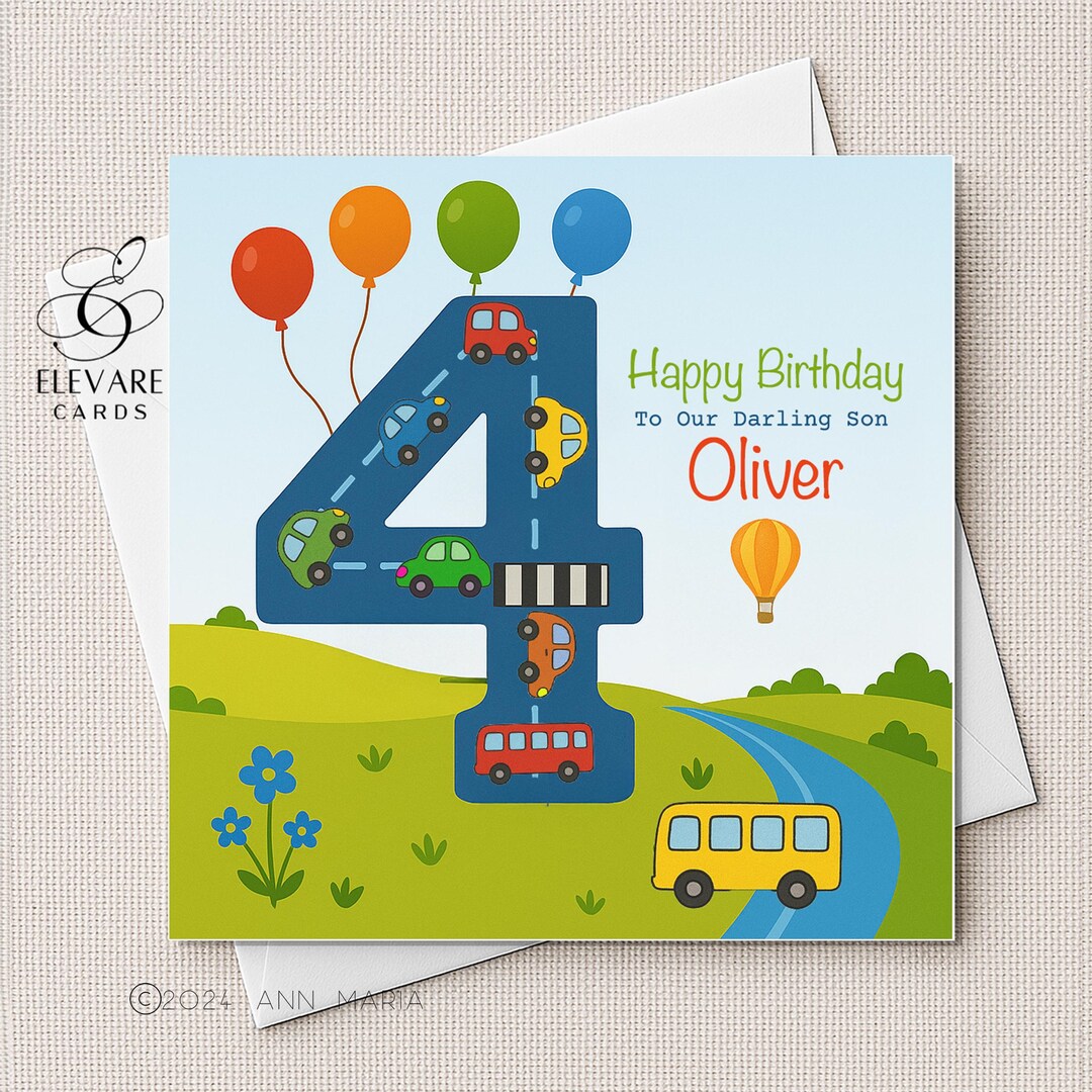 Age Four Birthday Card | Poster. Number 4 Road Car & Personalised Name ...