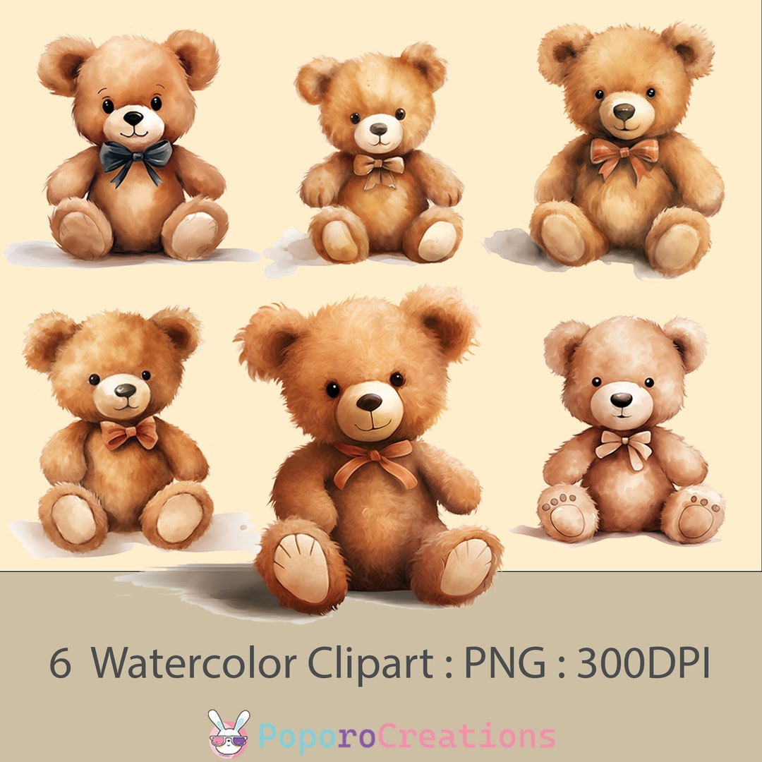 6 Cute Teddy Bear Watercolor Clipart, PNG, Digital Download, 300 DPI ...